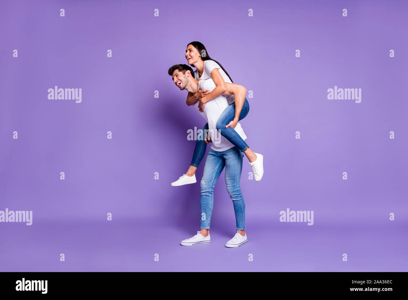 Side profile full length body size photo of cheerful positive cute ...
