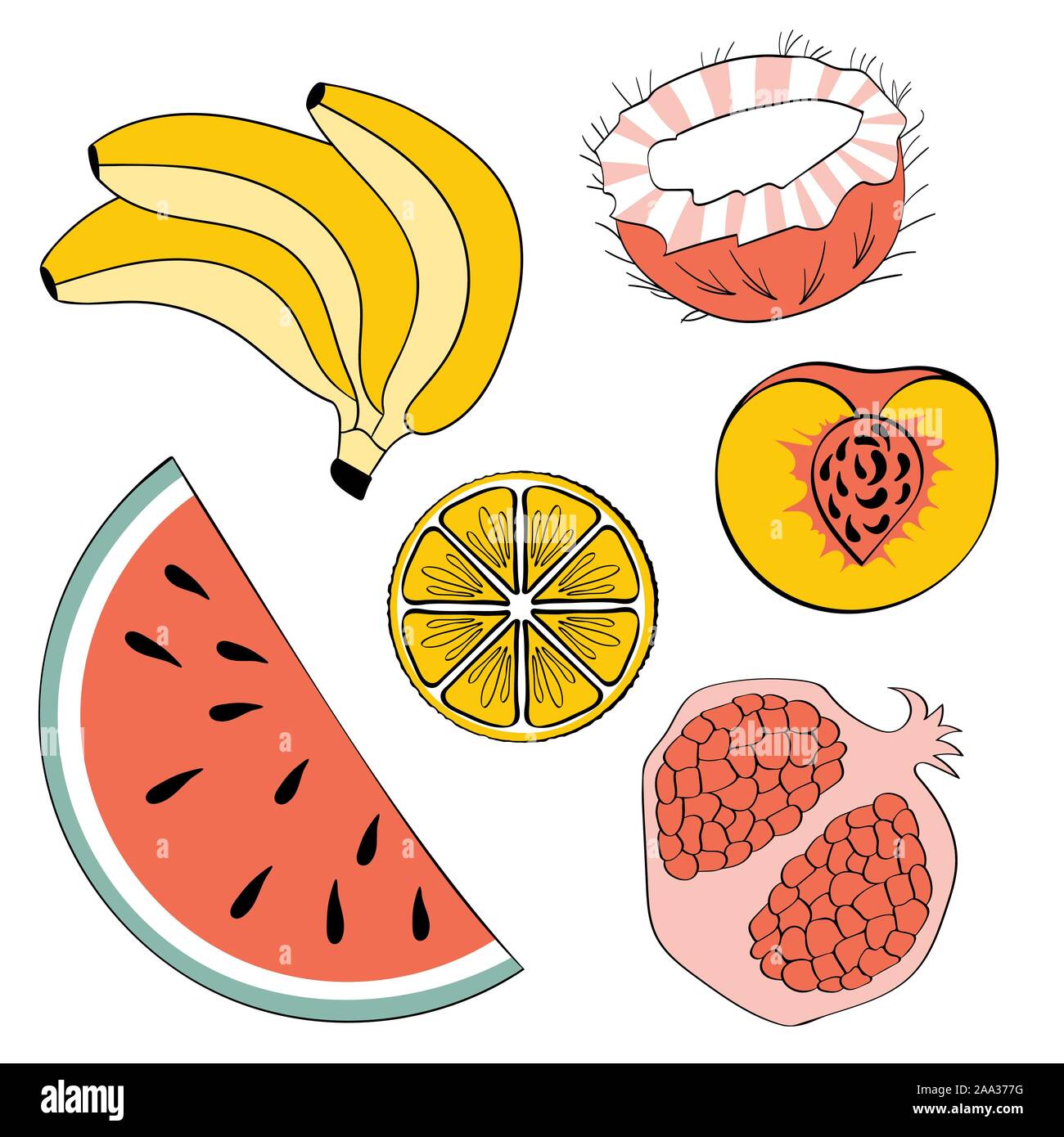 Set of simple hand drawn fruits isolated on white background. Banana ...