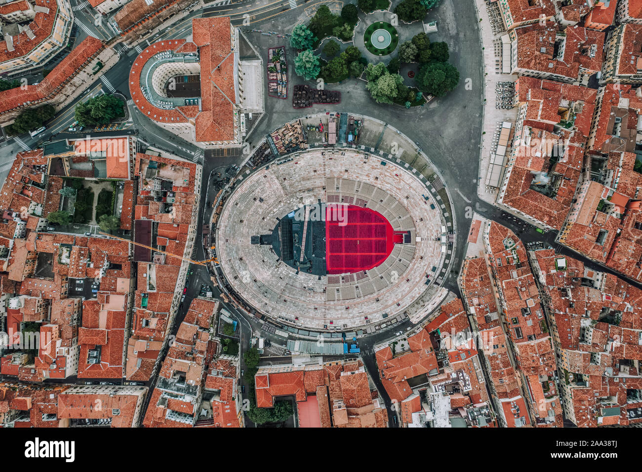 Overhead aerial drone shot of roman amphitheatre Verona Arena during ...