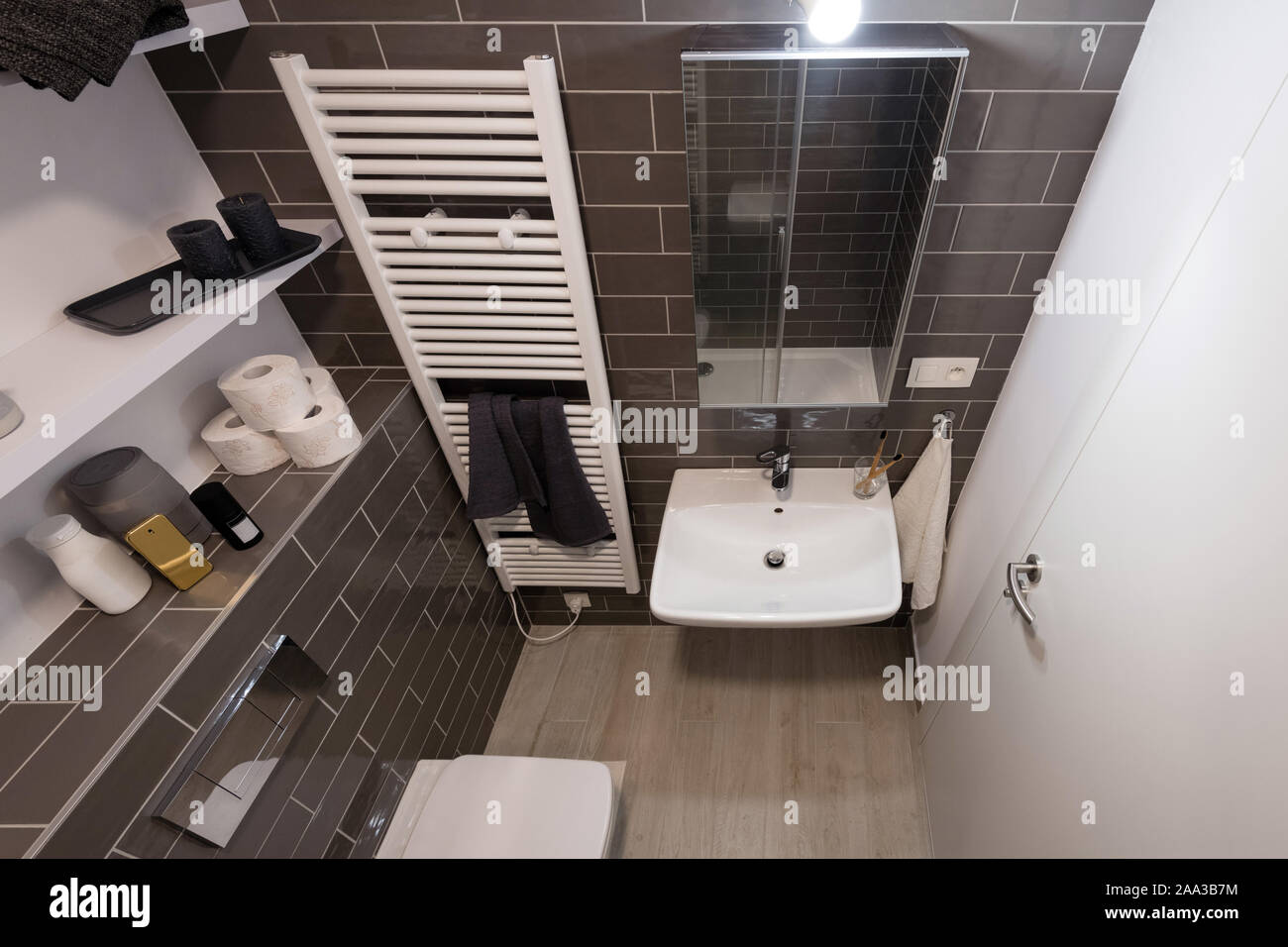 Interior of modern bathroom with shower Stock Photo - Alamy