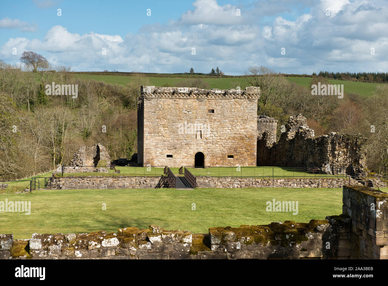 Craignethan Castle keep and inner and outer courtyard walls. South ...