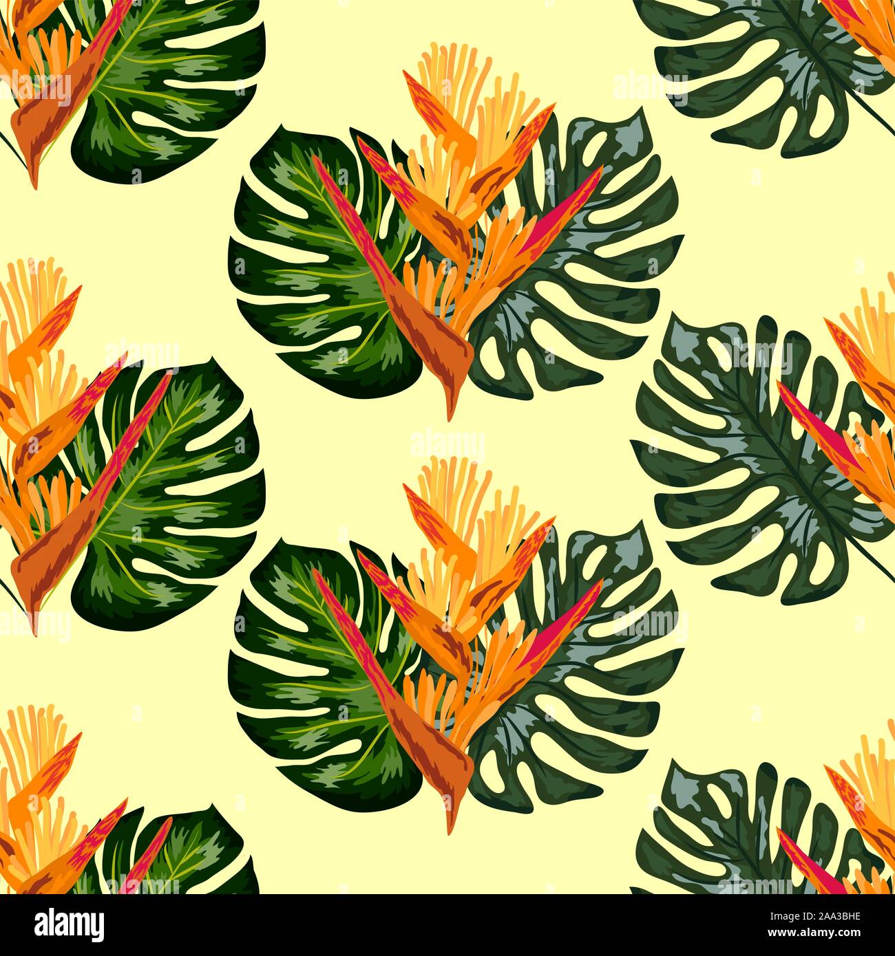 Summer jungle pattern with tropical flowers heliconia or lobster-claw ...