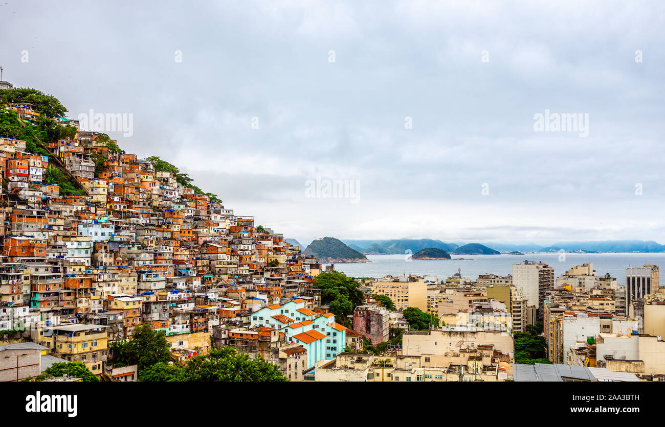 Brazilian favelas on the hill with city downtown below at the tropical ...