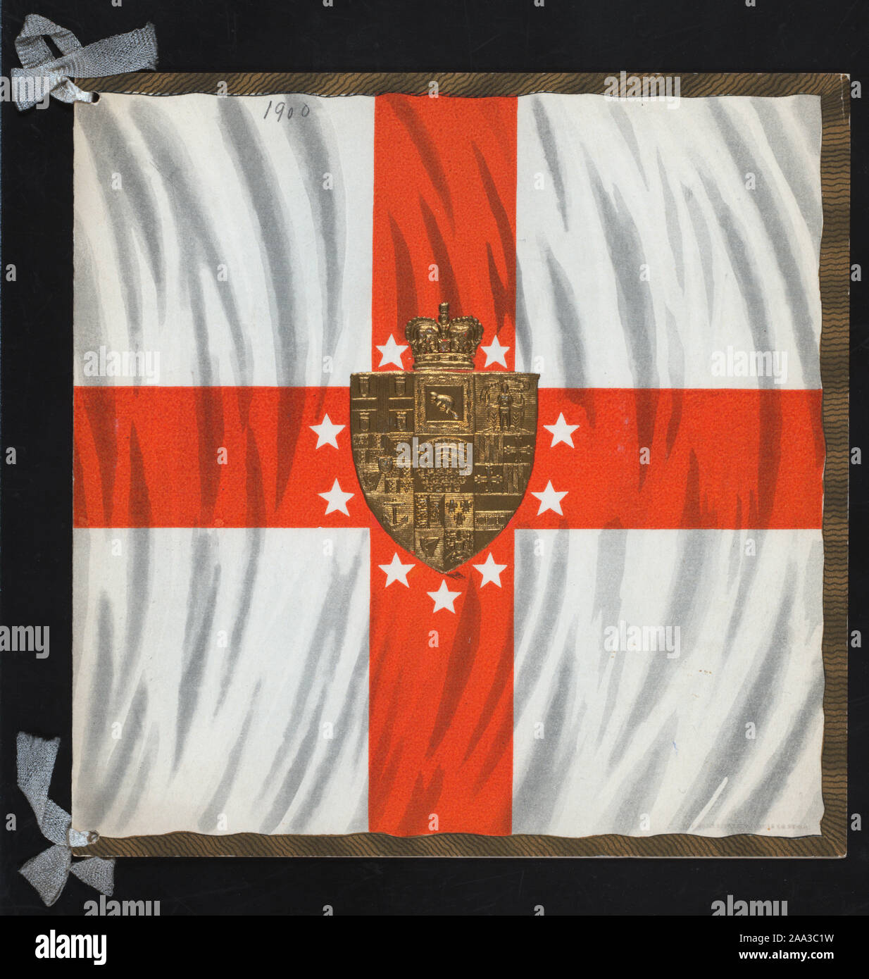 FRENCH; COLONAL FLAG & SEAL FORM COVER OF MENU; SILK RIBBON ATTACHMENT ...