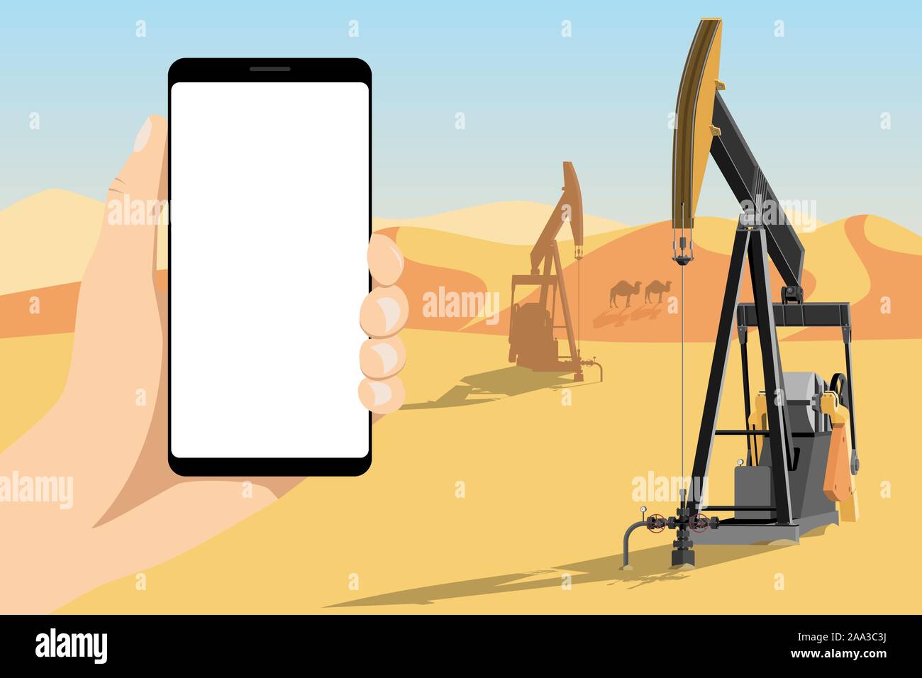 Phone on the background of oil rigs in the desert. White screen, you ...