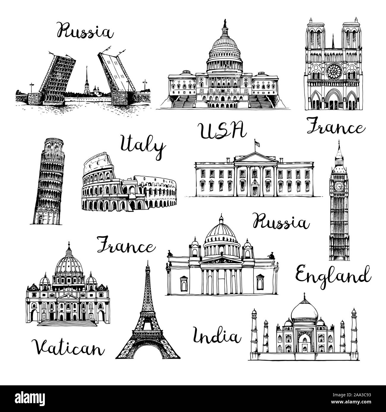 Vector landmarks vector set. Hand drawn collection of tourist ...