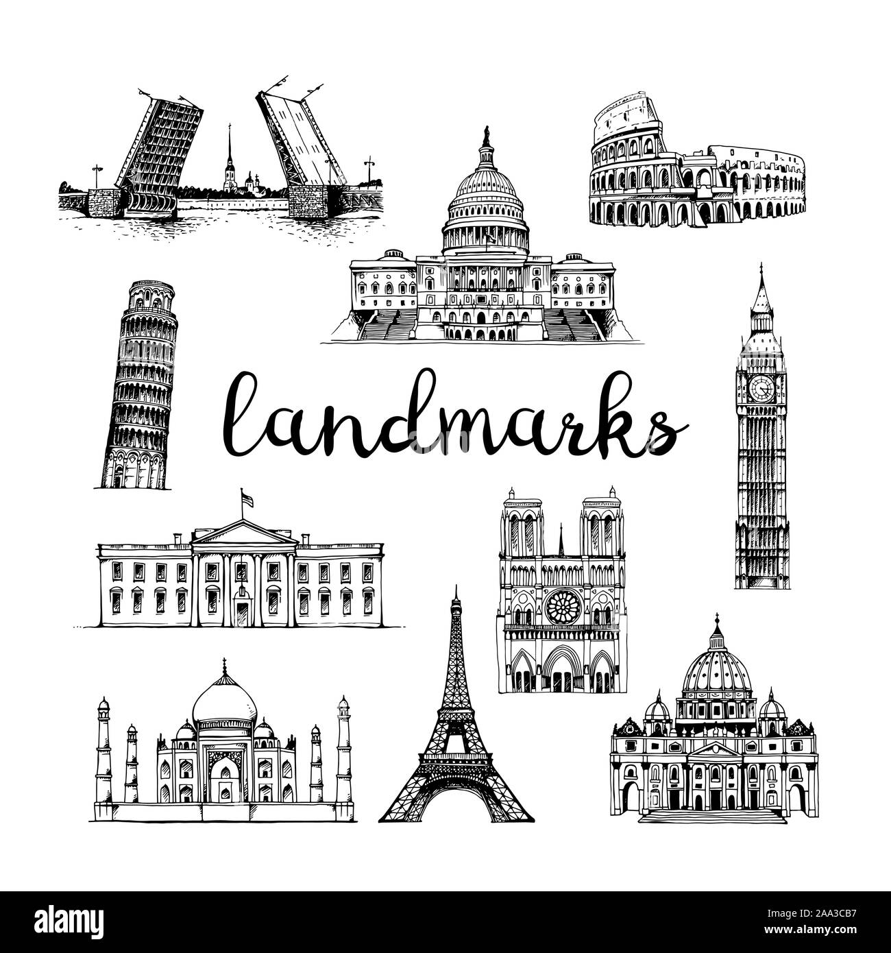 Vector landmarks vector set. Hand drawn collection of tourist ...