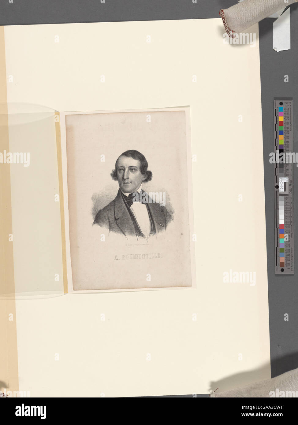 Bust, facing front; wearing top coat and vest, bow tie at neck.; A ...