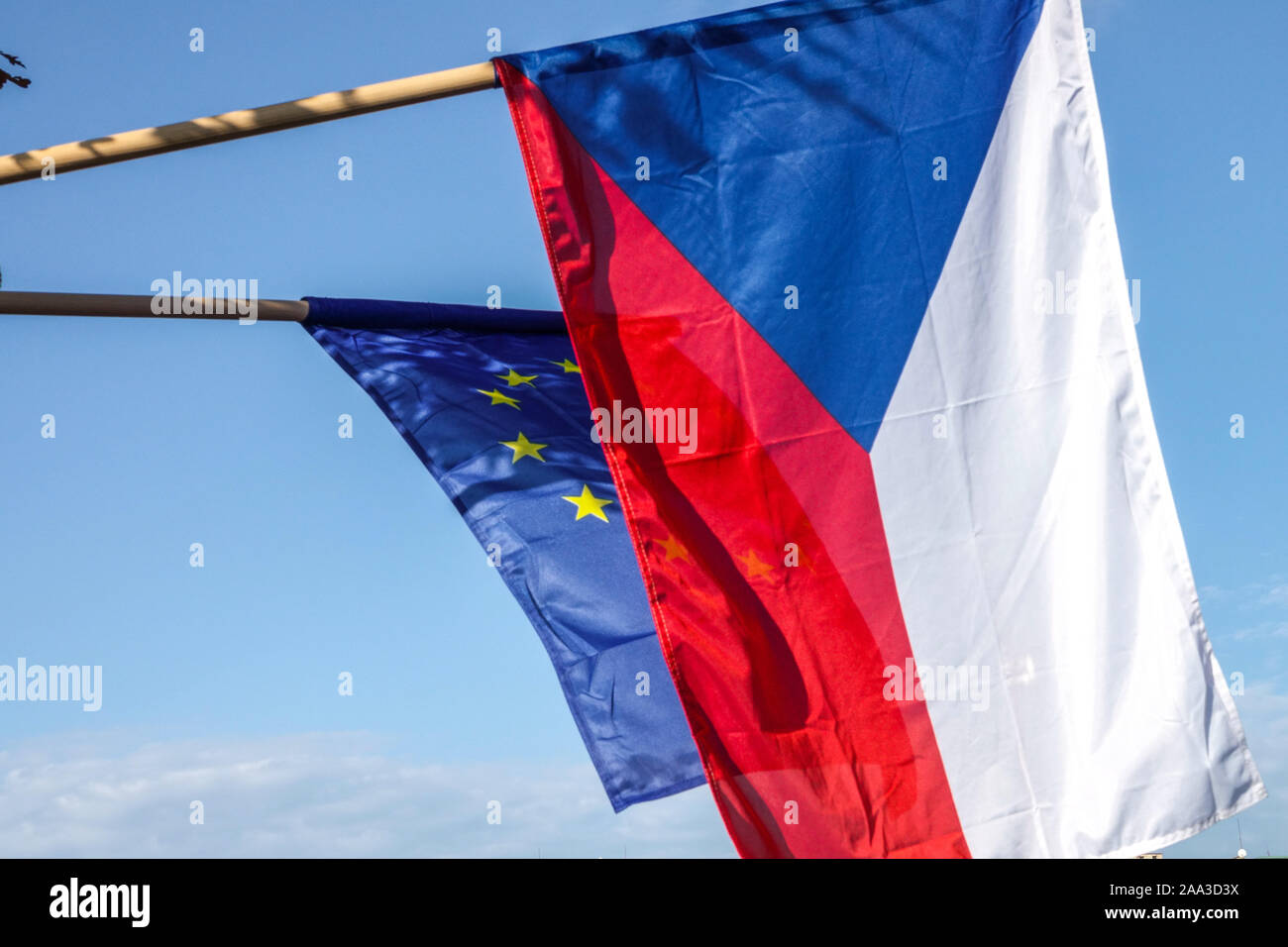 Czech flag Europe Union flag Czech Republic flags against blue sky ...