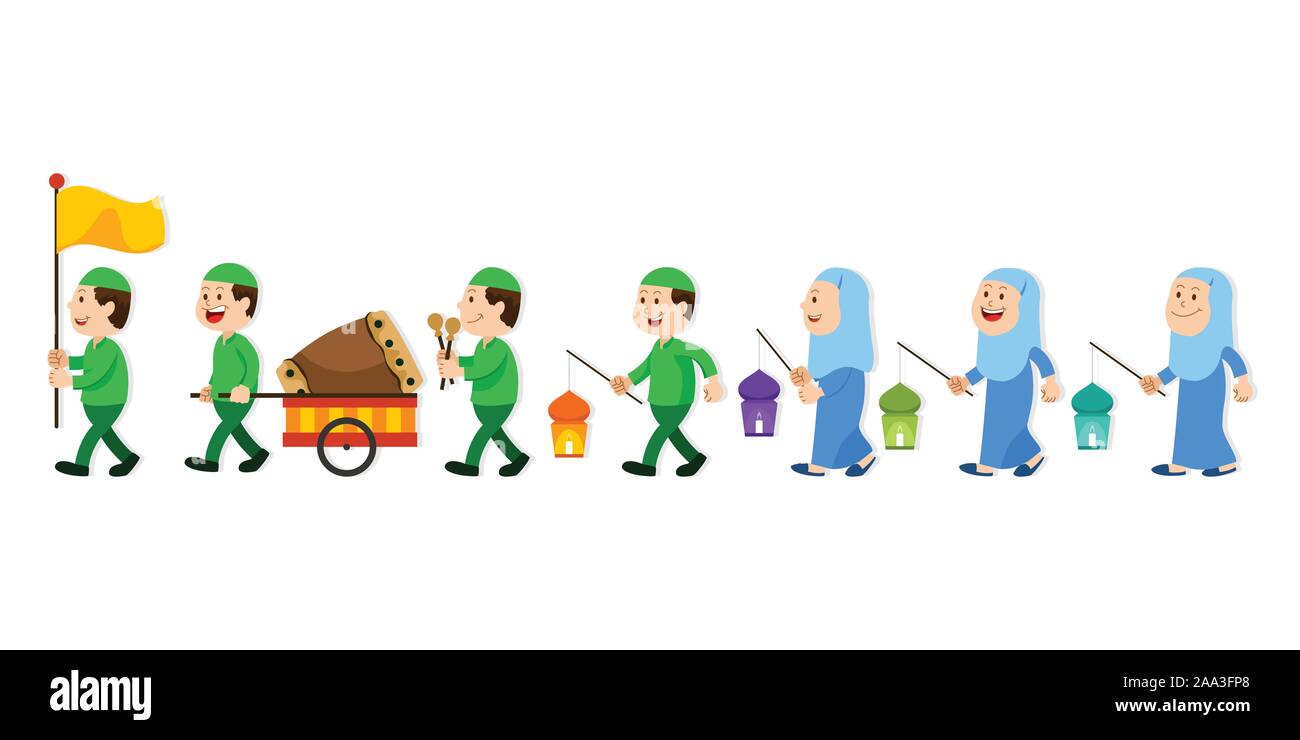 Moslem school kids character on parade. Suitable for islamic theme ...