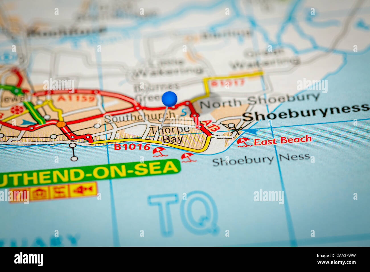 Blue Map Pin on Paper Map Showing Thorpe Bay Stock Photo - Alamy