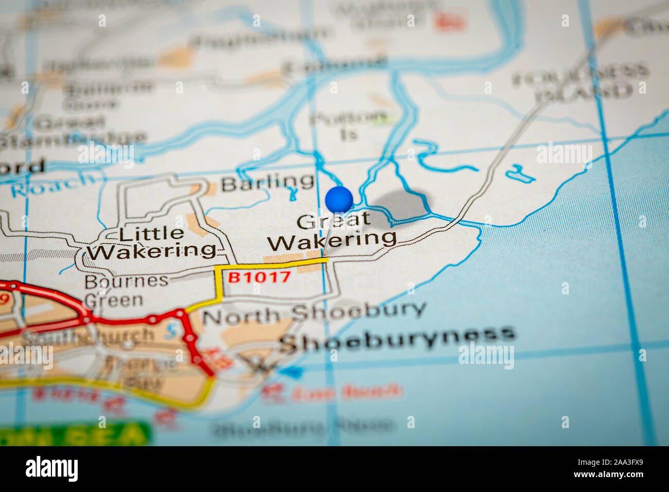 Blue Map Pin on Paper Map Showing Great Wakering Stock Photo - Alamy