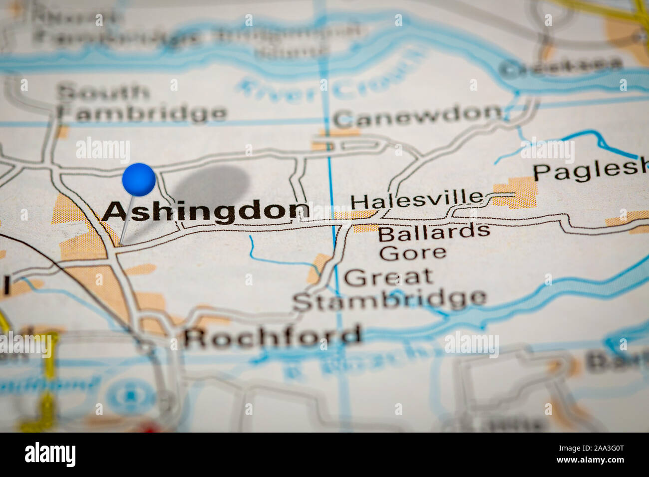 Blue Map Pin on Paper Map Showing Ashingdon Stock Photo - Alamy