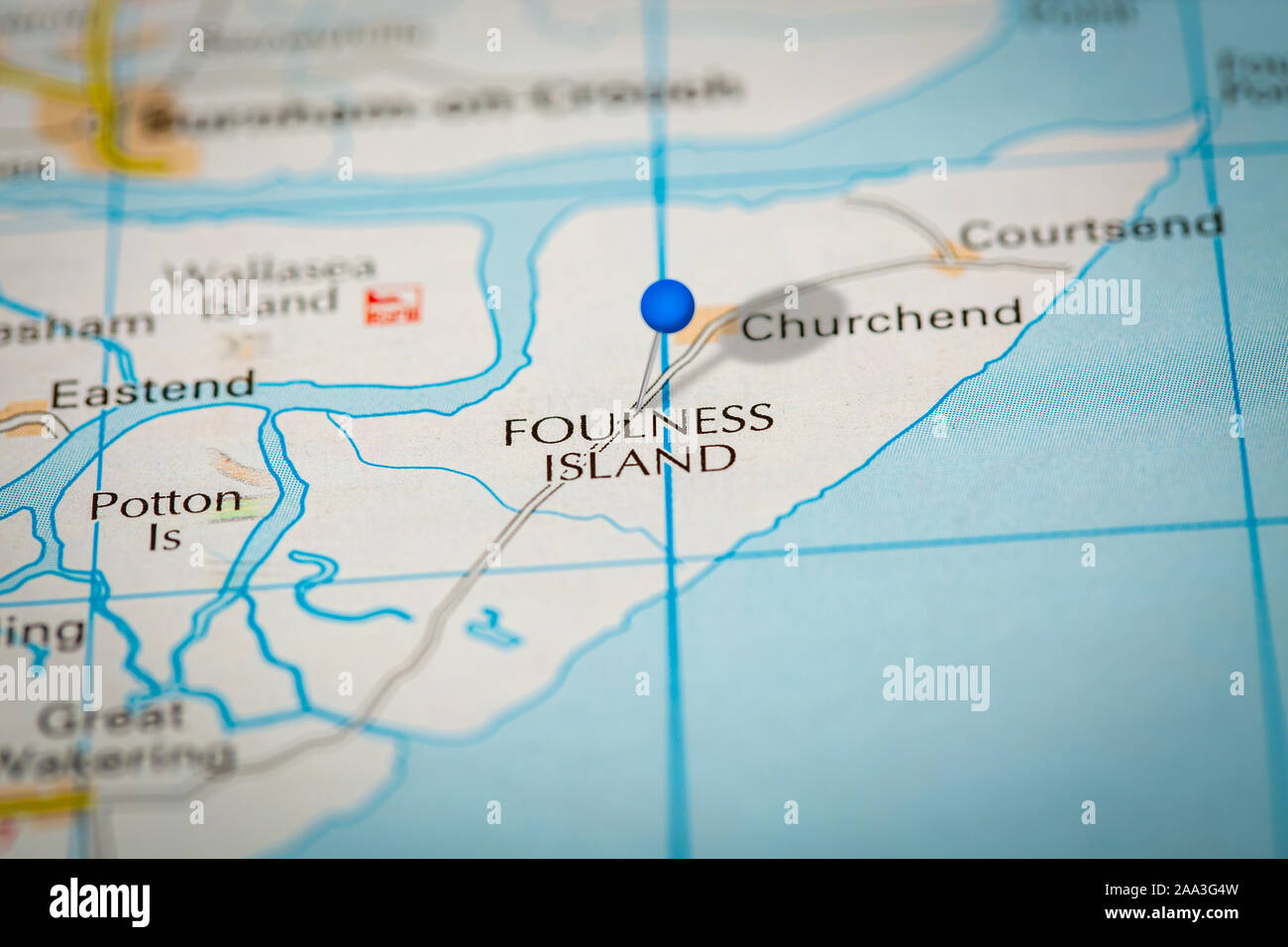 Blue Map Pin on Paper Map Showing Foulness Island Stock Photo - Alamy