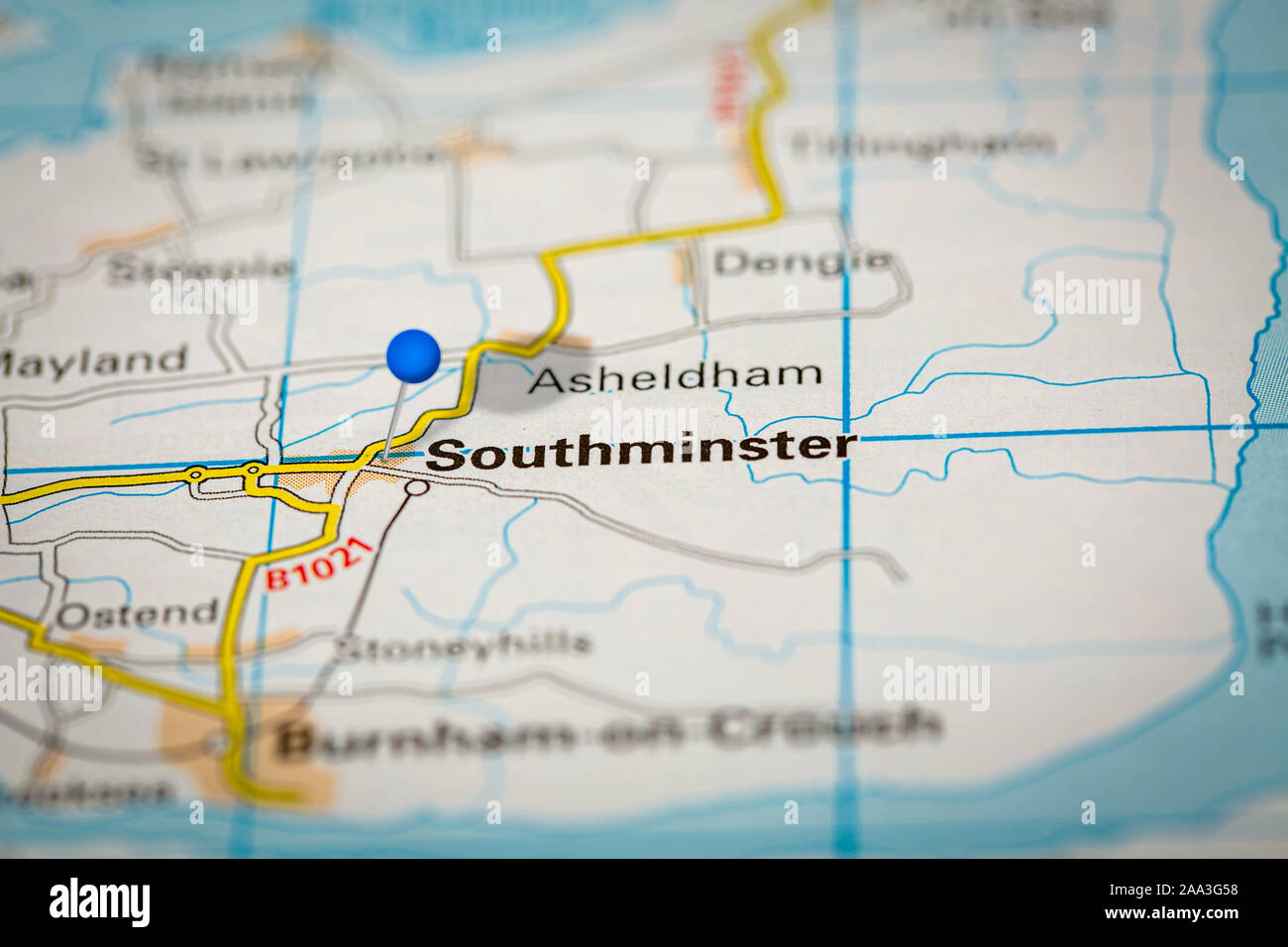 Blue Map Pin on Paper Map Showing Southminster Stock Photo - Alamy