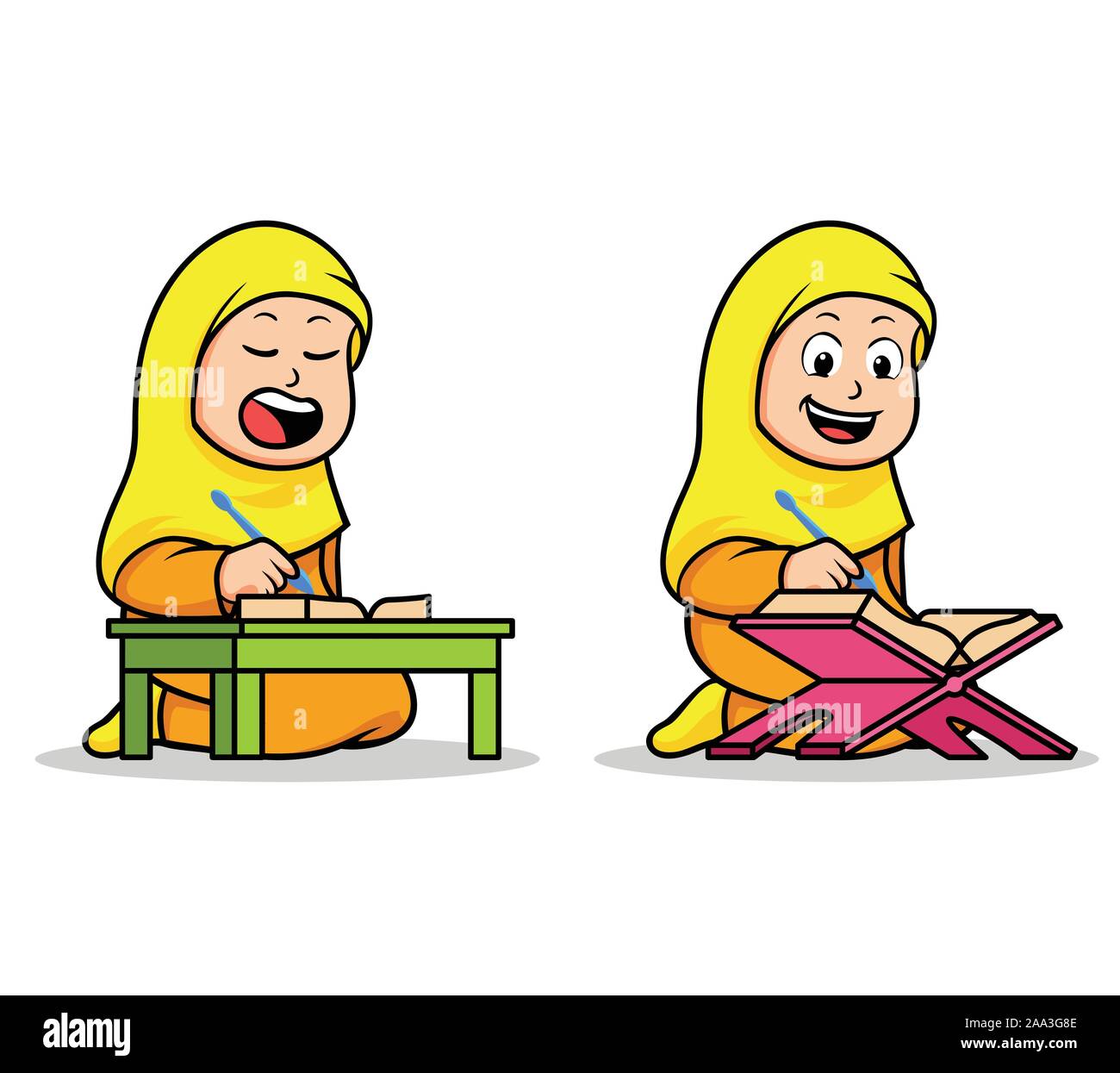 Moslem girl school kids reading holy Koran. Suitable for islamic theme ...