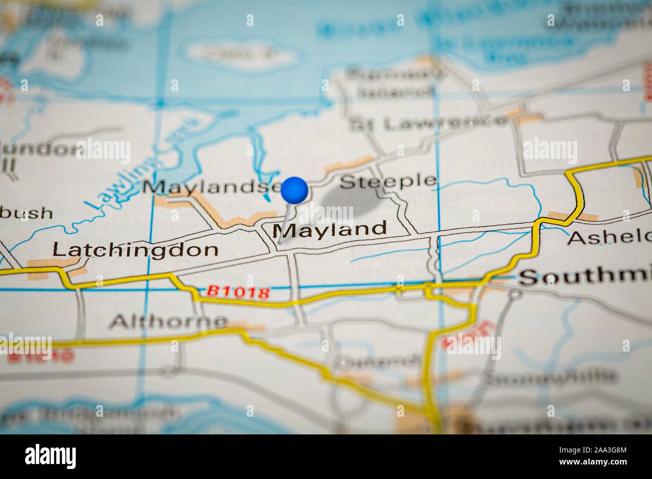 Blue Map Pin on Paper Map Showing Maylandsea Stock Photo - Alamy