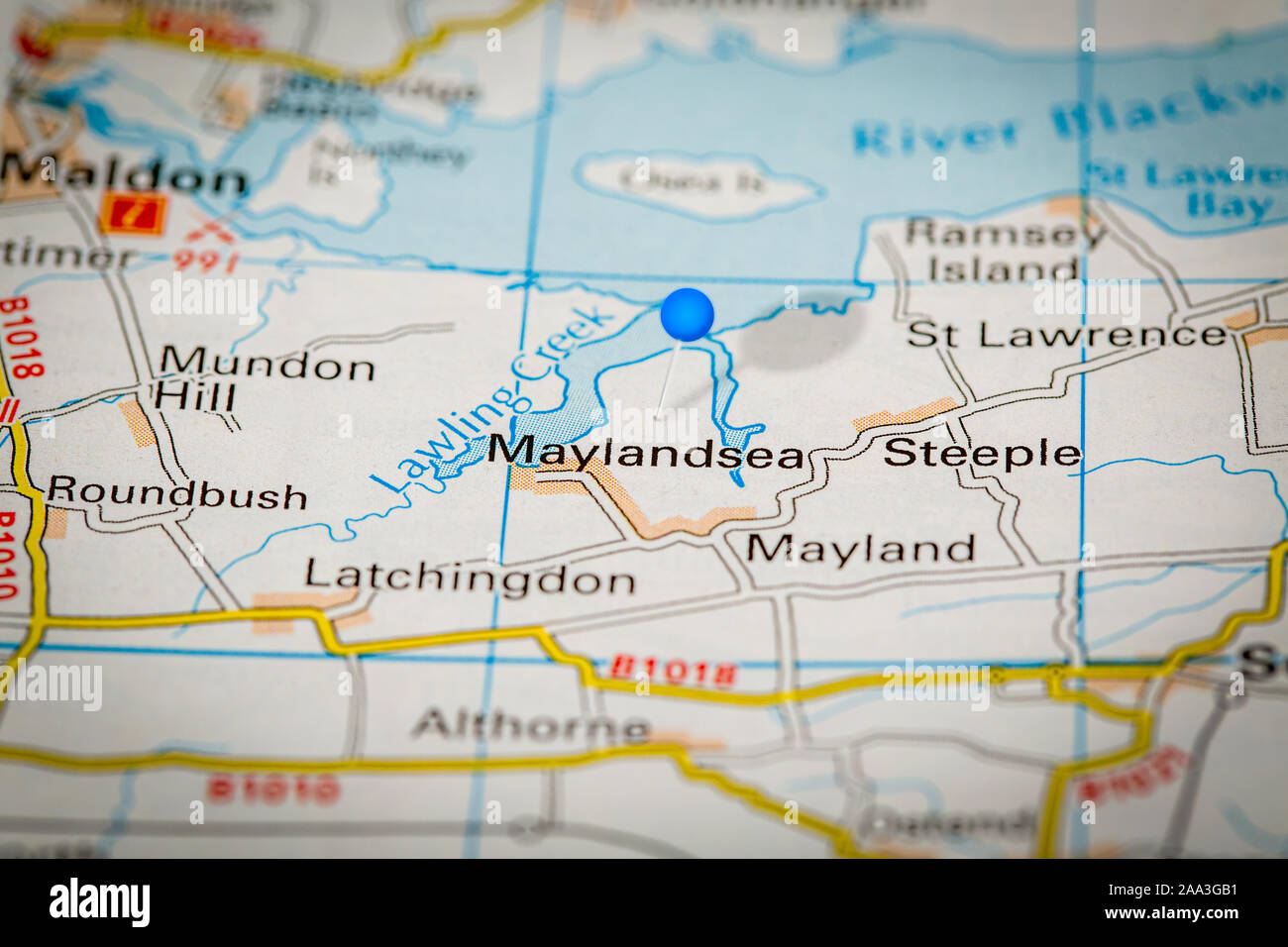 Blue Map Pin on Paper Map Showing Maylandsea Stock Photo - Alamy