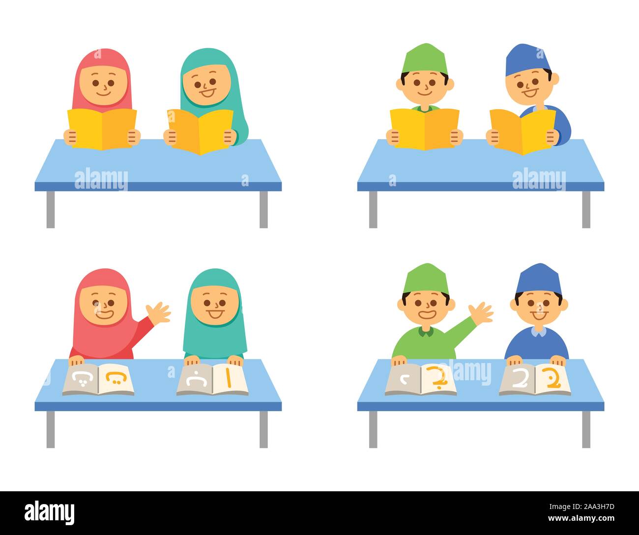 Moslem kids reading book at table. Suitable for islamic theme ...
