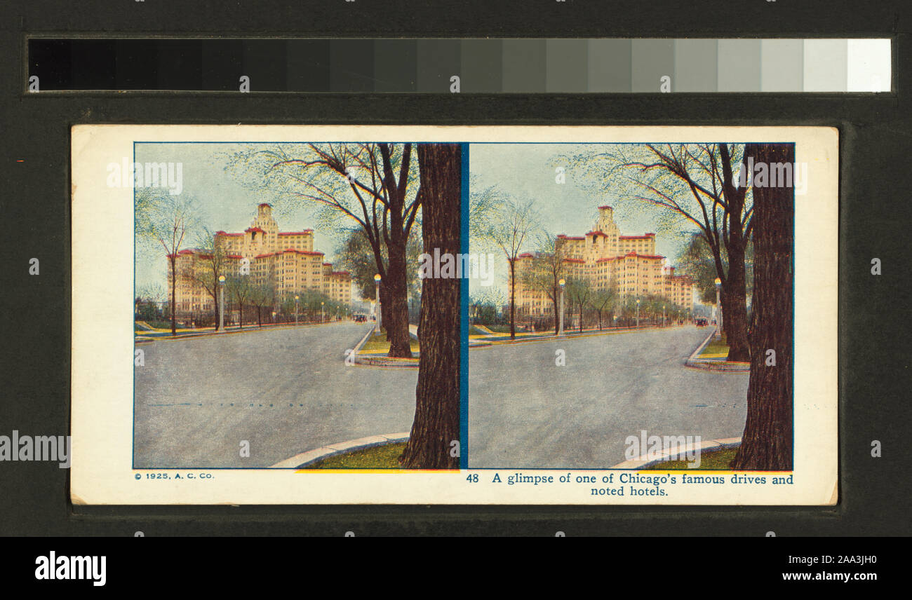A glimpse of one of Chicago's famous drives and noted hotels.; A ...