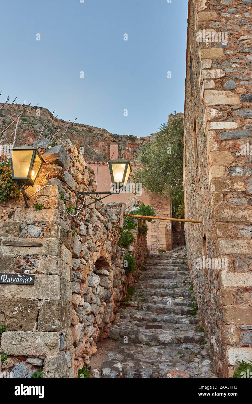 Stone alley into the picturesque castle town of Monemvasia during ...