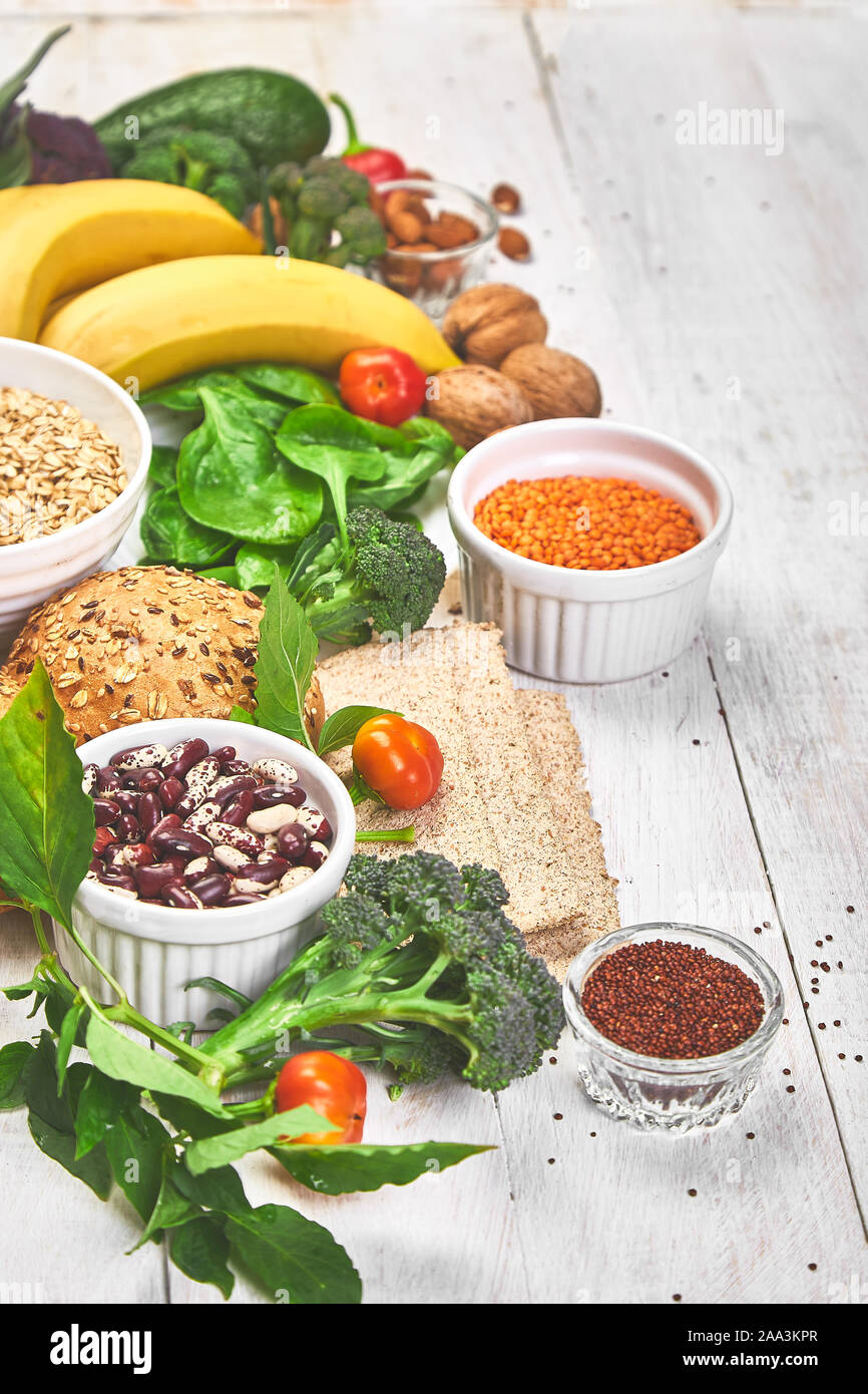 High Fiber Foods on white wooden background Stock Photo - Alamy