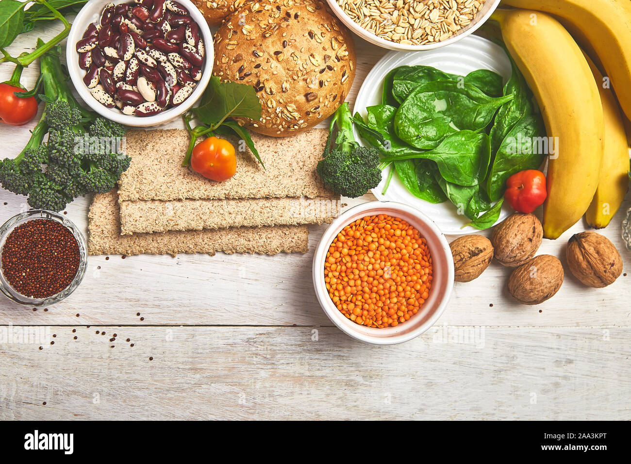 High Fiber Foods on white wooden background Stock Photo - Alamy
