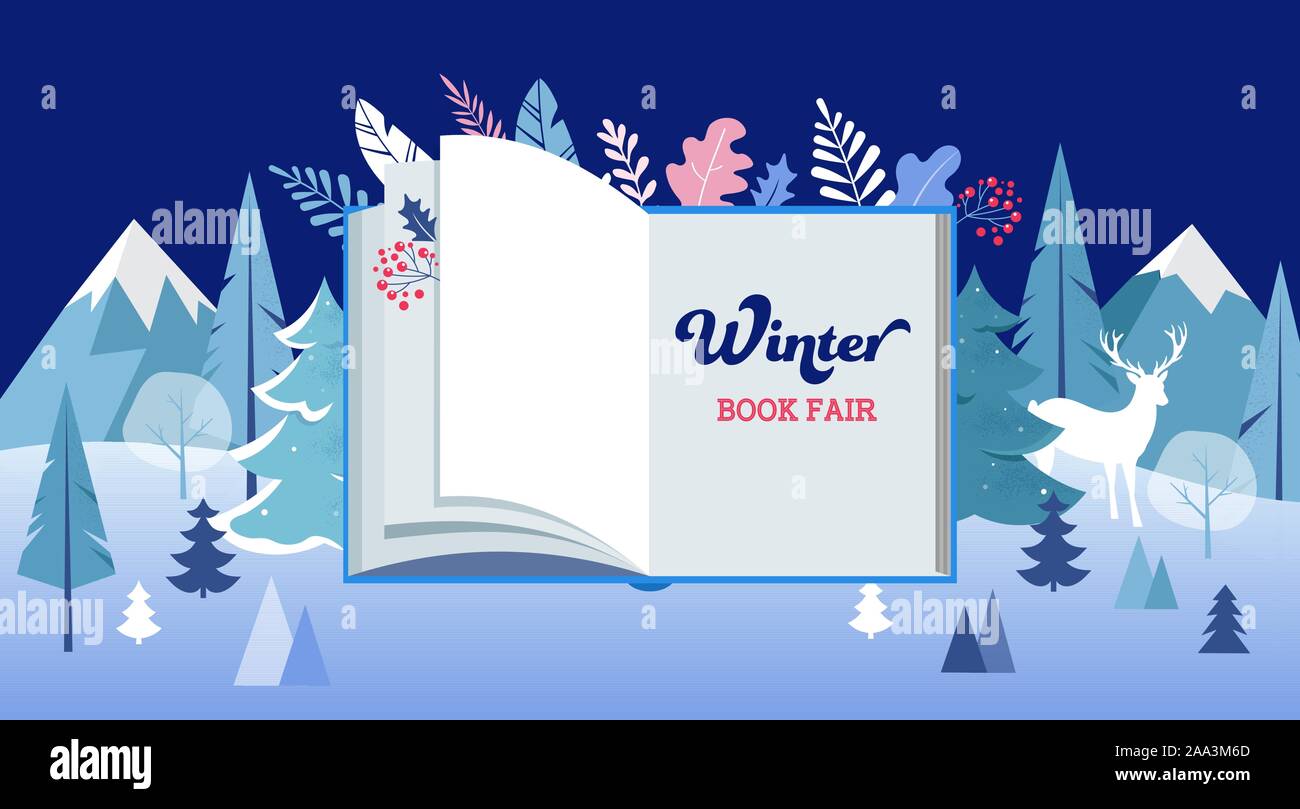 Winter wonderland, Book fair banner with open book and frozen trees ...