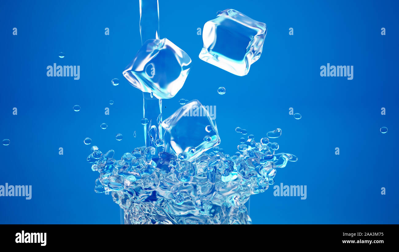 Splash cold water in a glass, blue background, 3d rendering, 3d ...