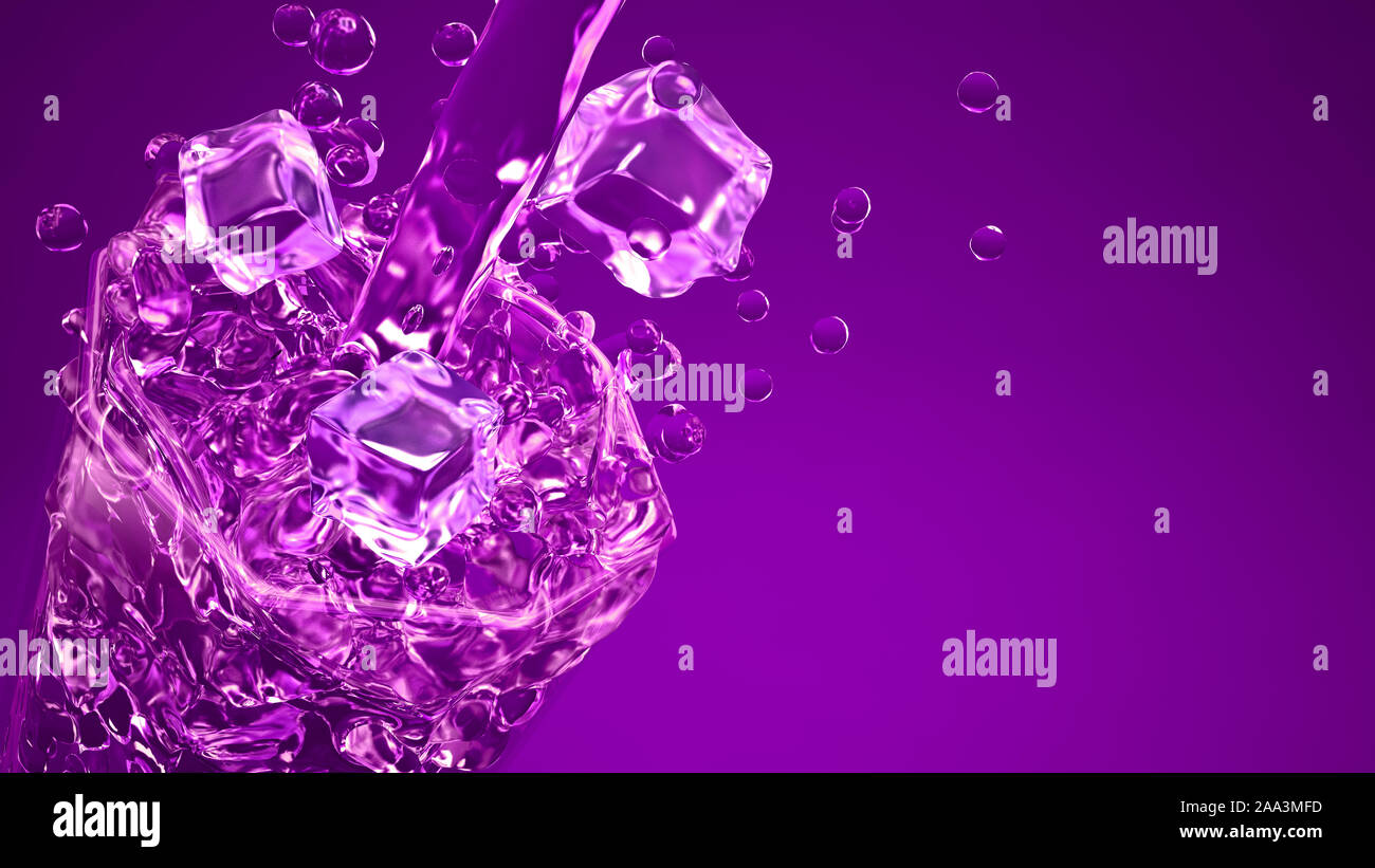 Splash cold water in a glass, purple background, 3d rendering, 3d ...
