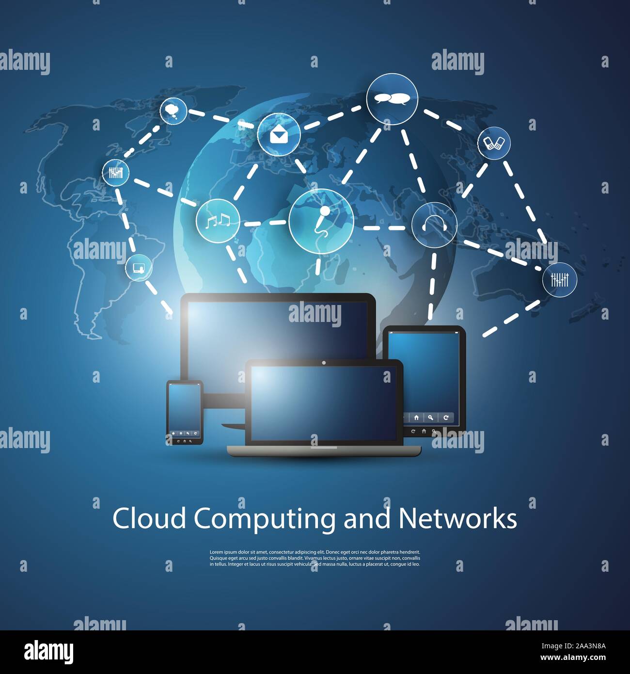Cloud Computing Concept Design with World Map, Earth Globe, Mobile ...