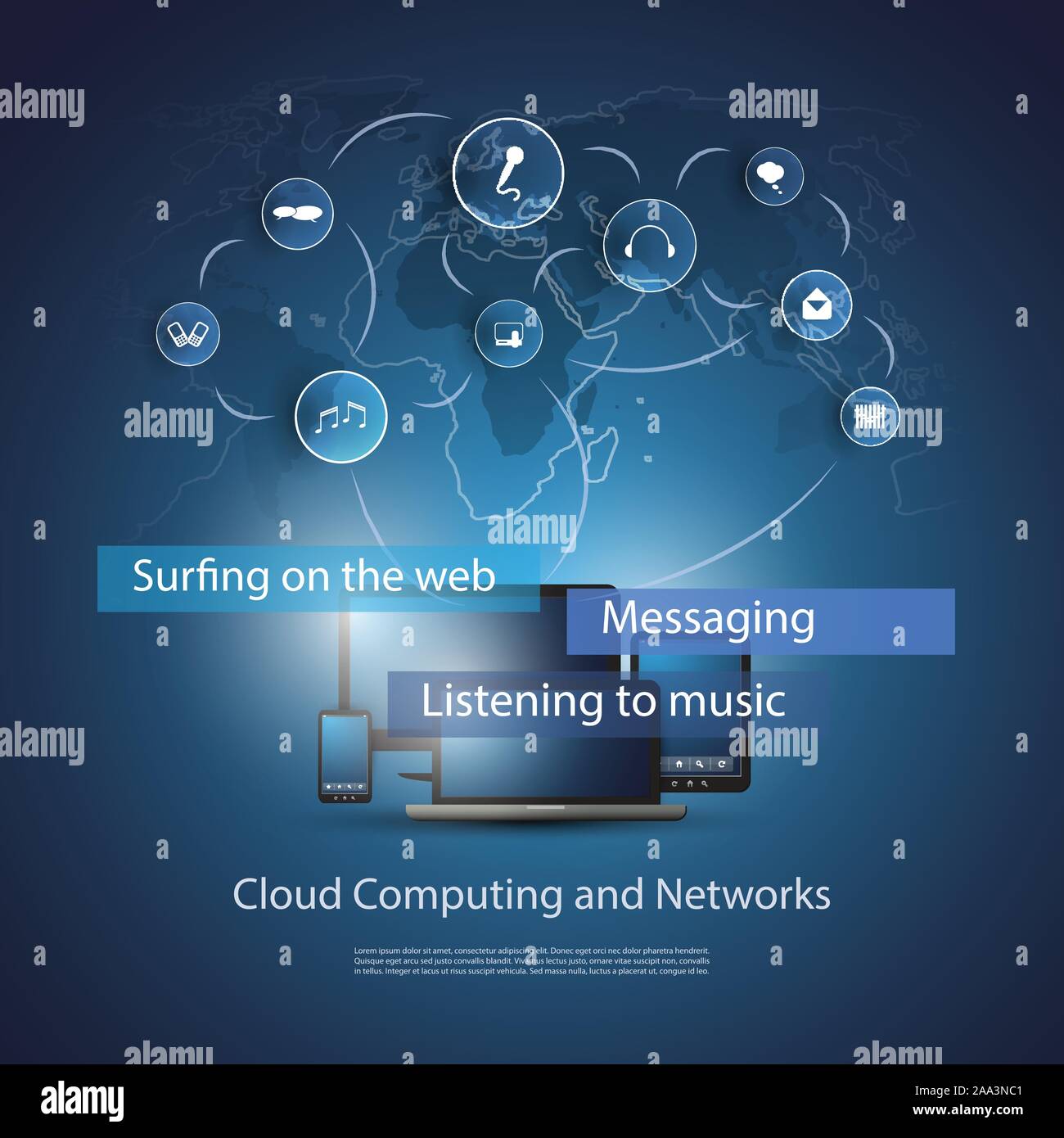 Cloud Computing Concept Design with World Map, Mobile Devices and Laptop PC in the Center ...