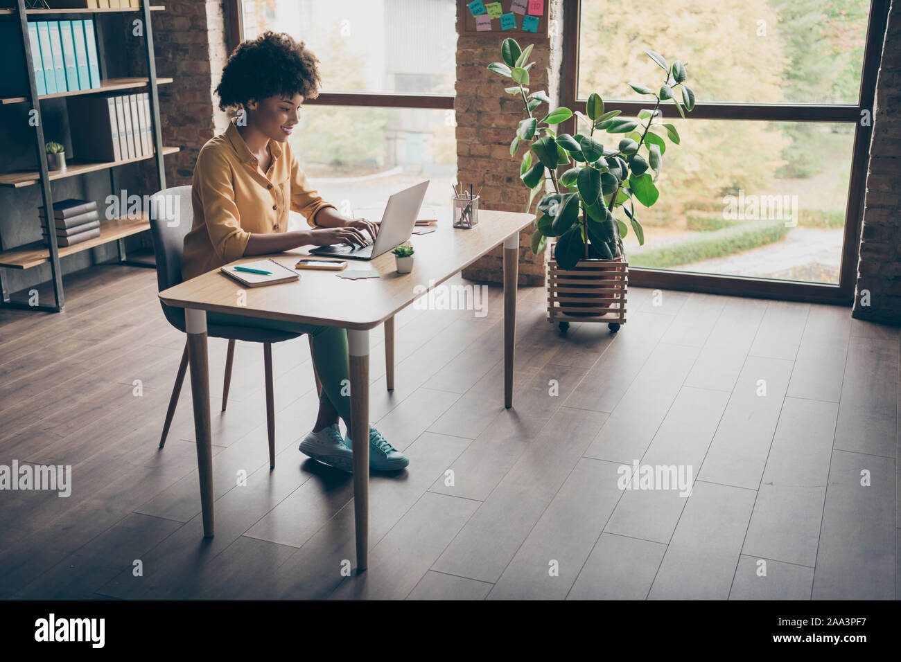 Full size photo of cool smart afro american girl real estate agent work ...
