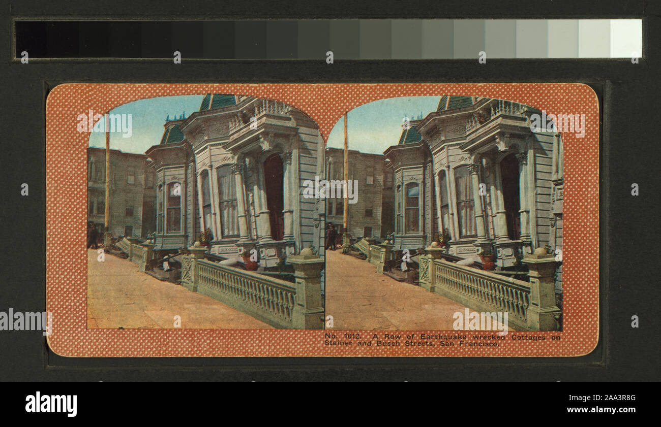 A row of earthquake wrecked cottages on Steiner and Busch Streets, San ...