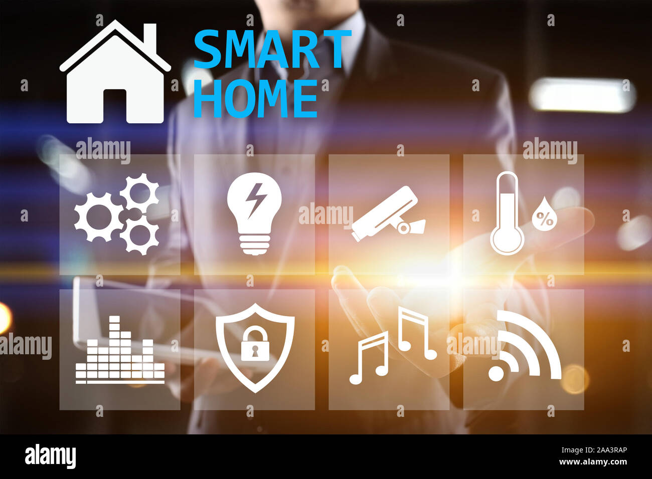Smart home digital interface on virtual screen. Internet and automation ...