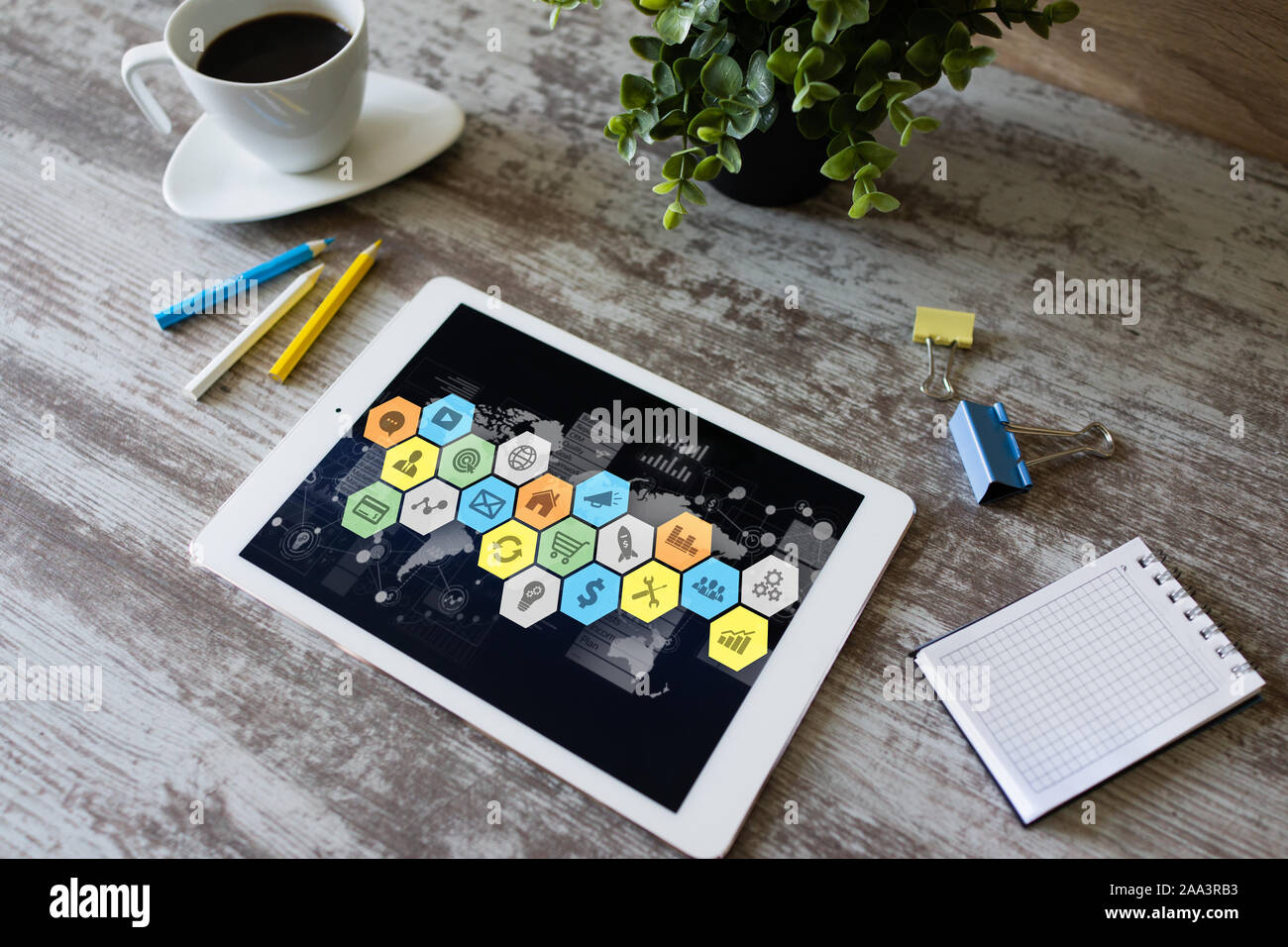 Application and diagrams on device screen. Business control panel and ...