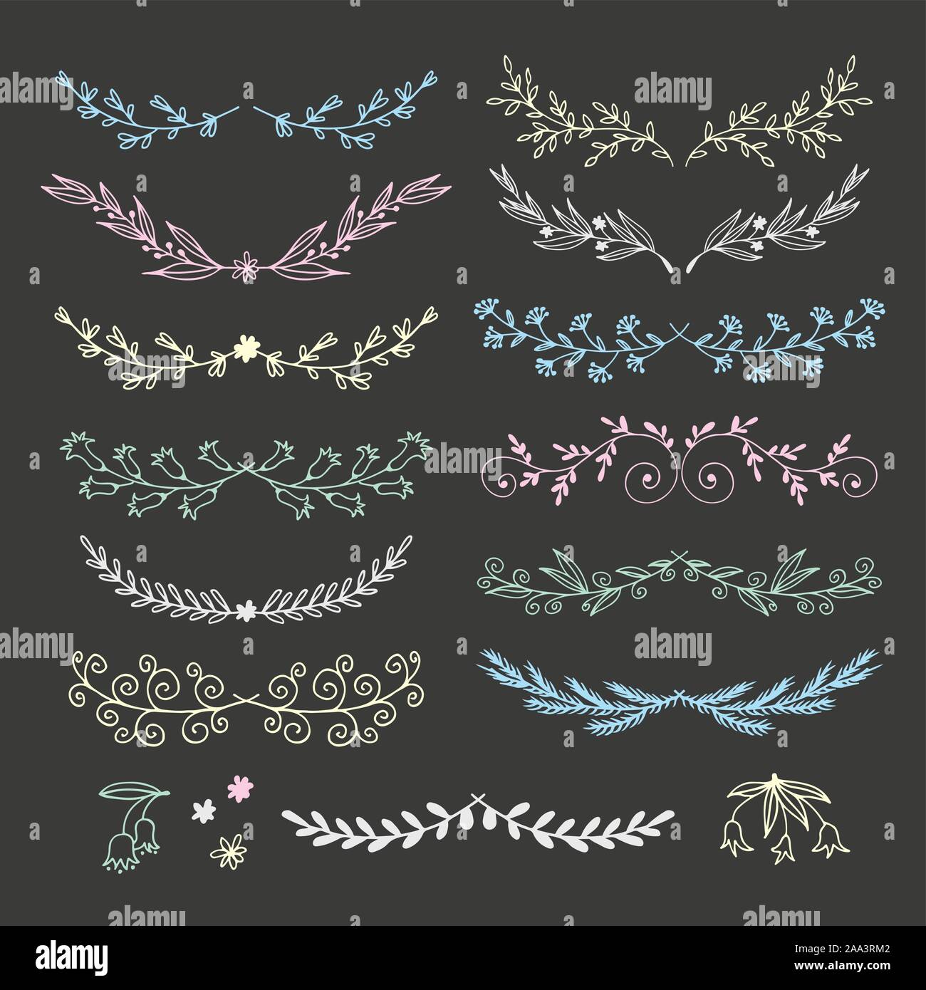 Floral Doodle Set In Sketch Style Vector Hand Drawn Botanical Elements
