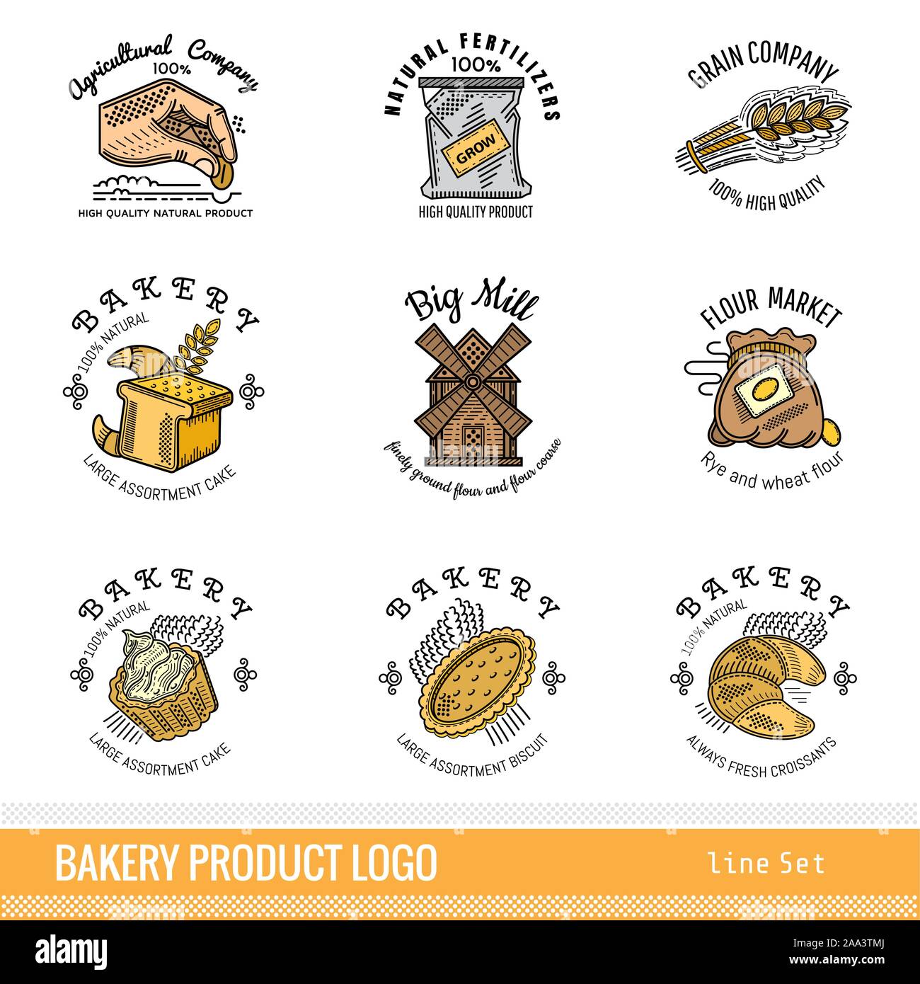 Set of color line logo for grain, flour, agricultural company and ...