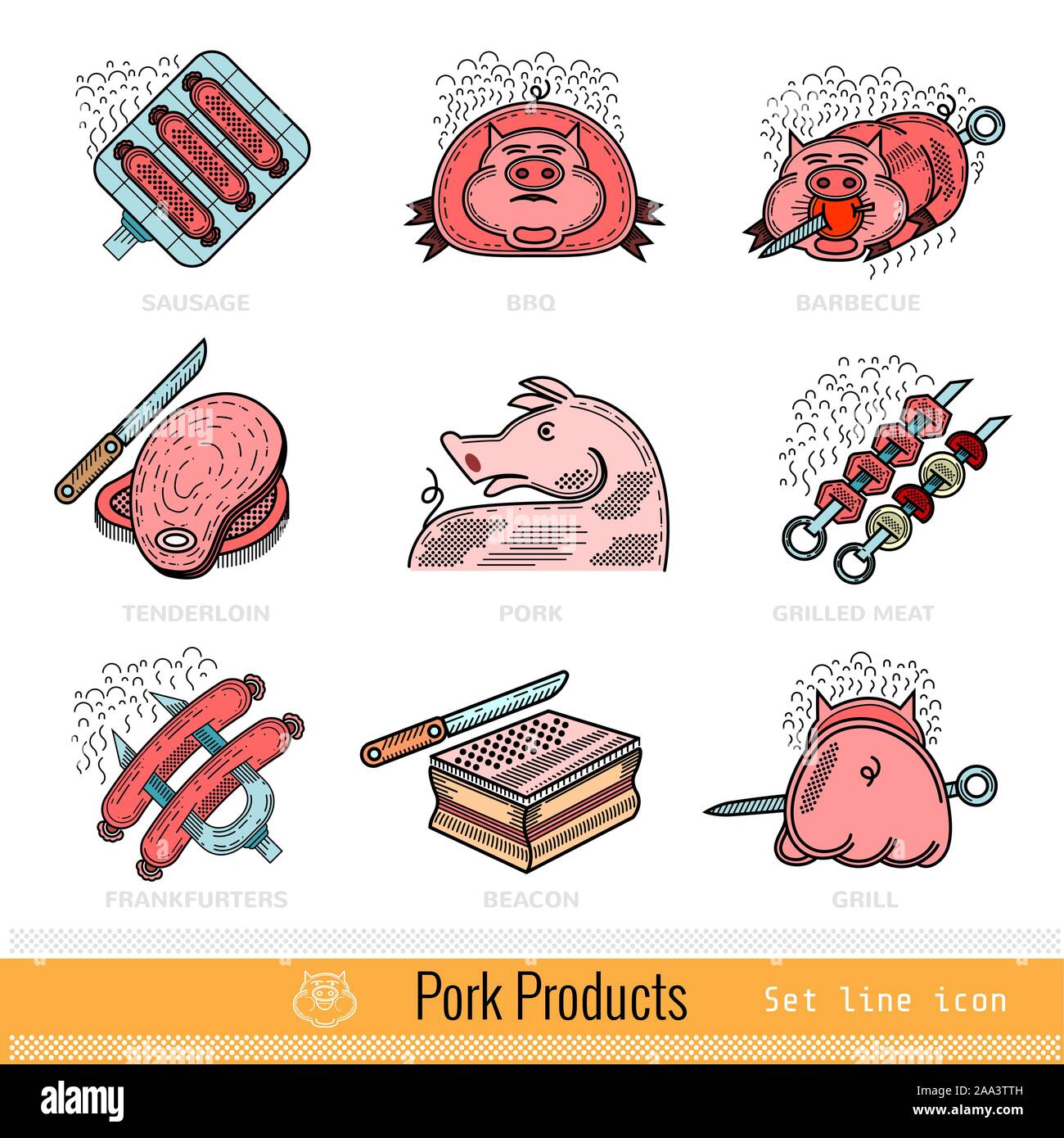 Set of Color Outline Web Icon. Meat Grill BBQ Pork Products Stock ...