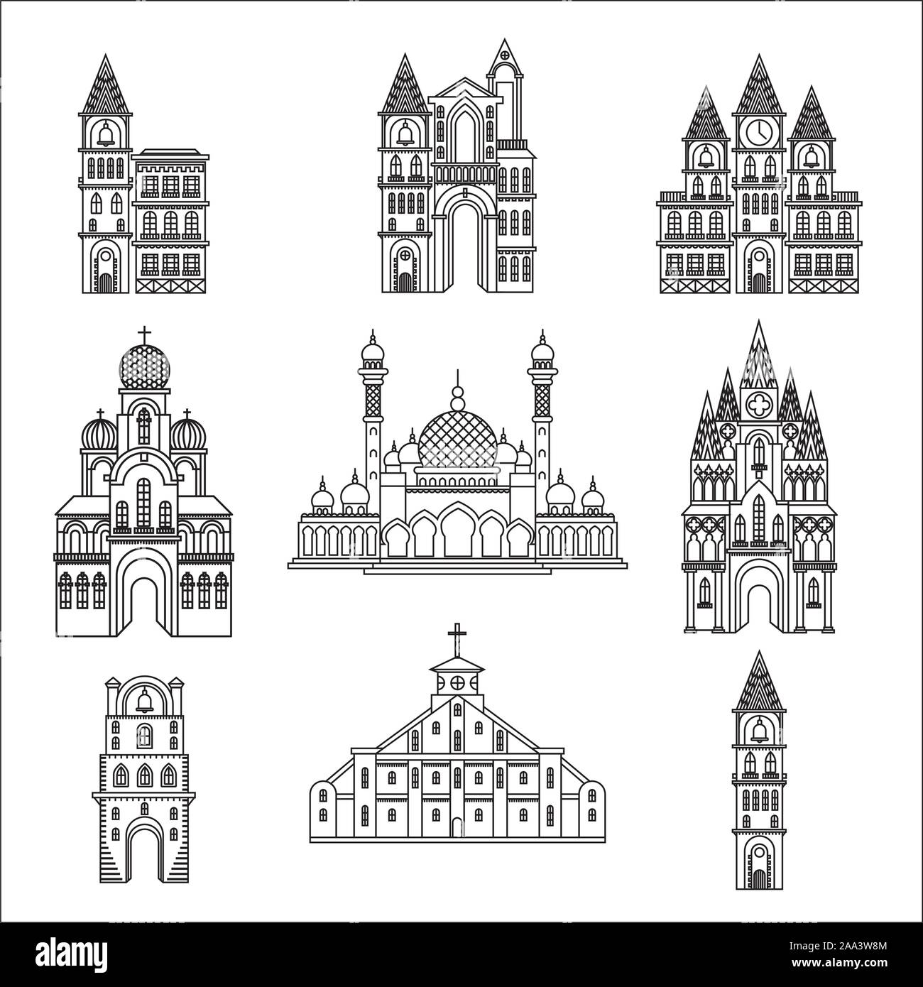 Set of different style religon and architecture churches. Vector line ...