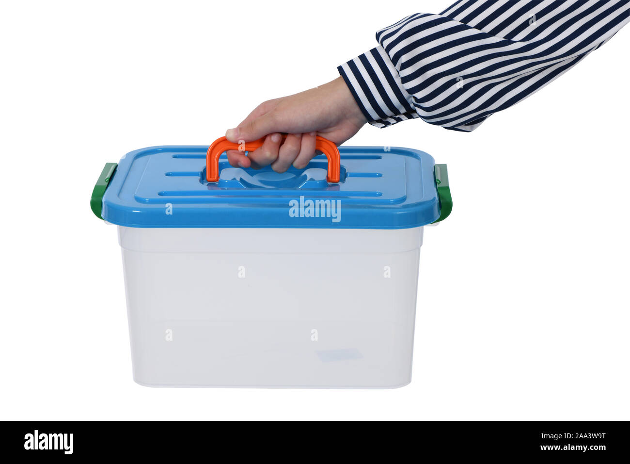 Child hand holding plastic container isolated on white background. High ...