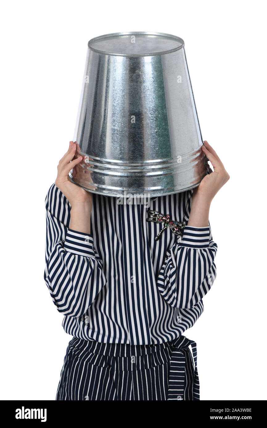 Young Girl With Metal Bucket On Head On White Background High Resolution Photo Full Depth Of