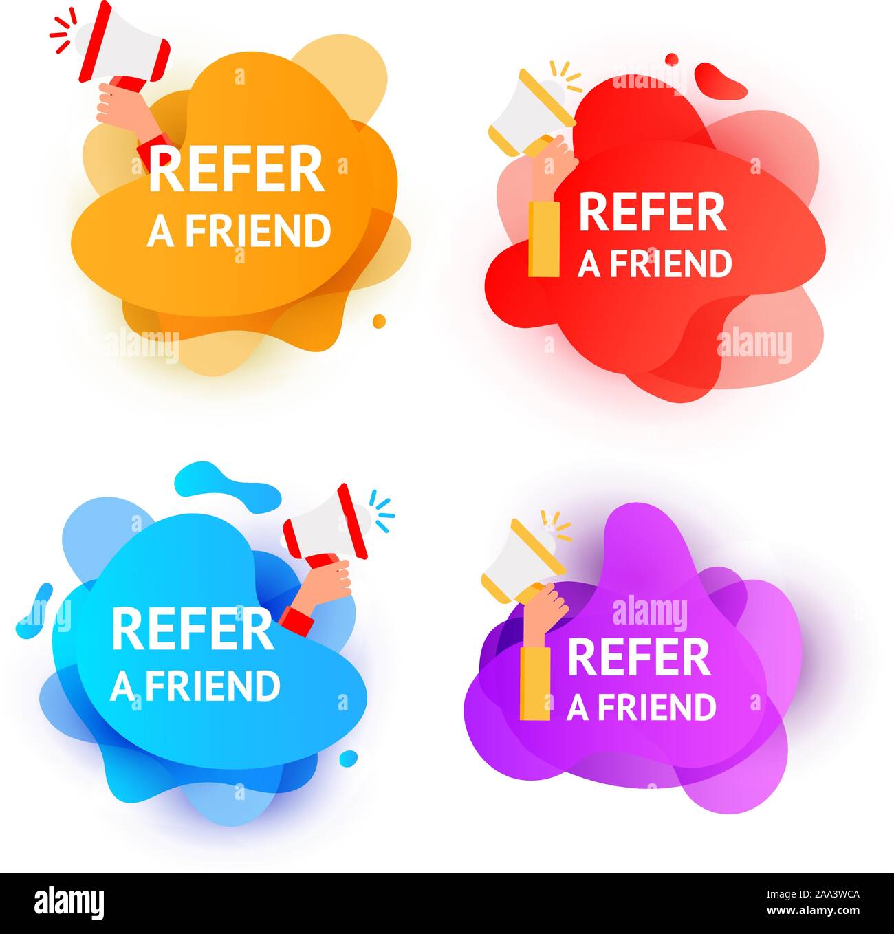 Business Refer friend icon set. Hand holding megaphone with referral program speech bubbles ...