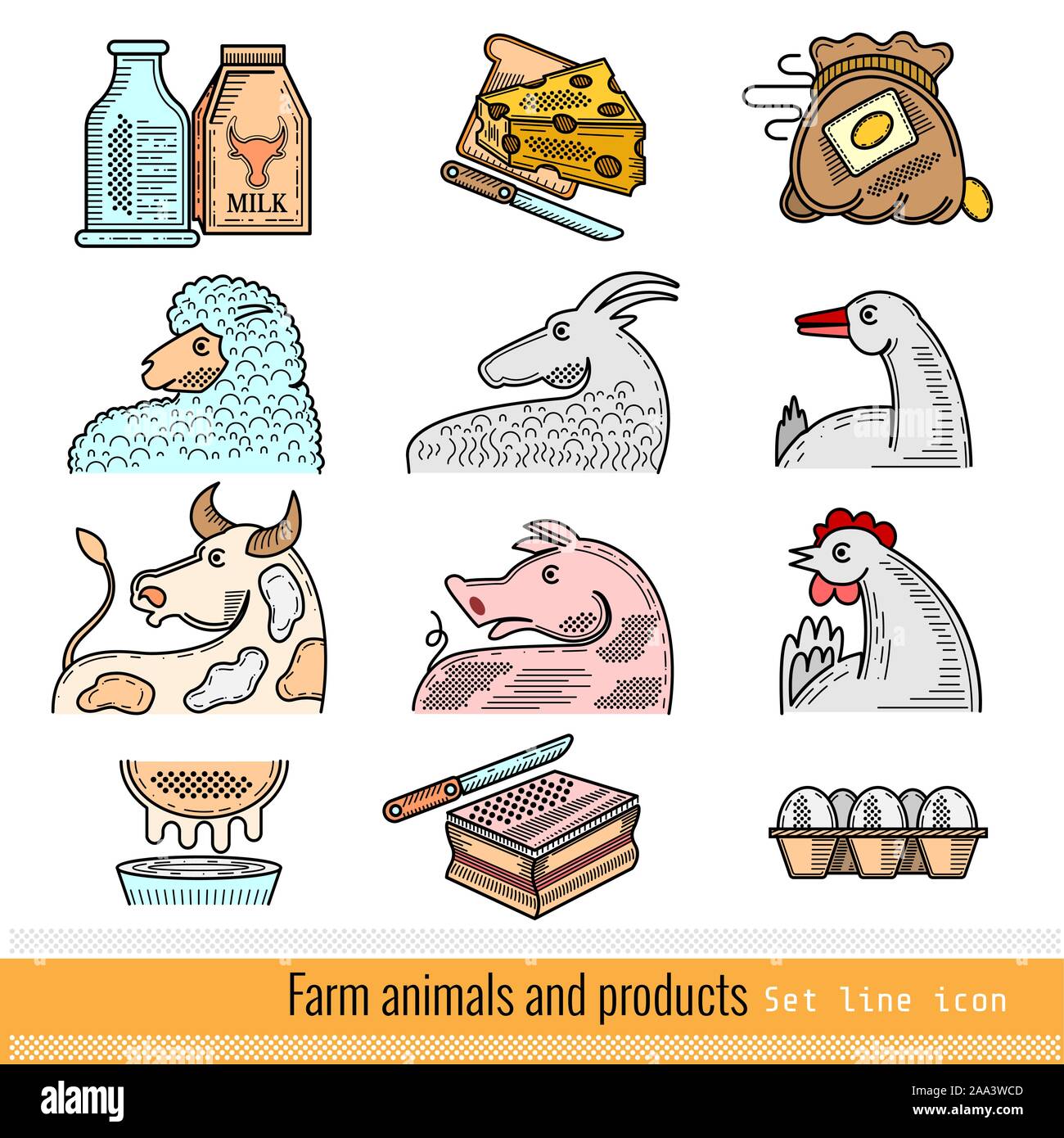 Set of Color Outline Web Icon. Domestic animals and products Stock ...