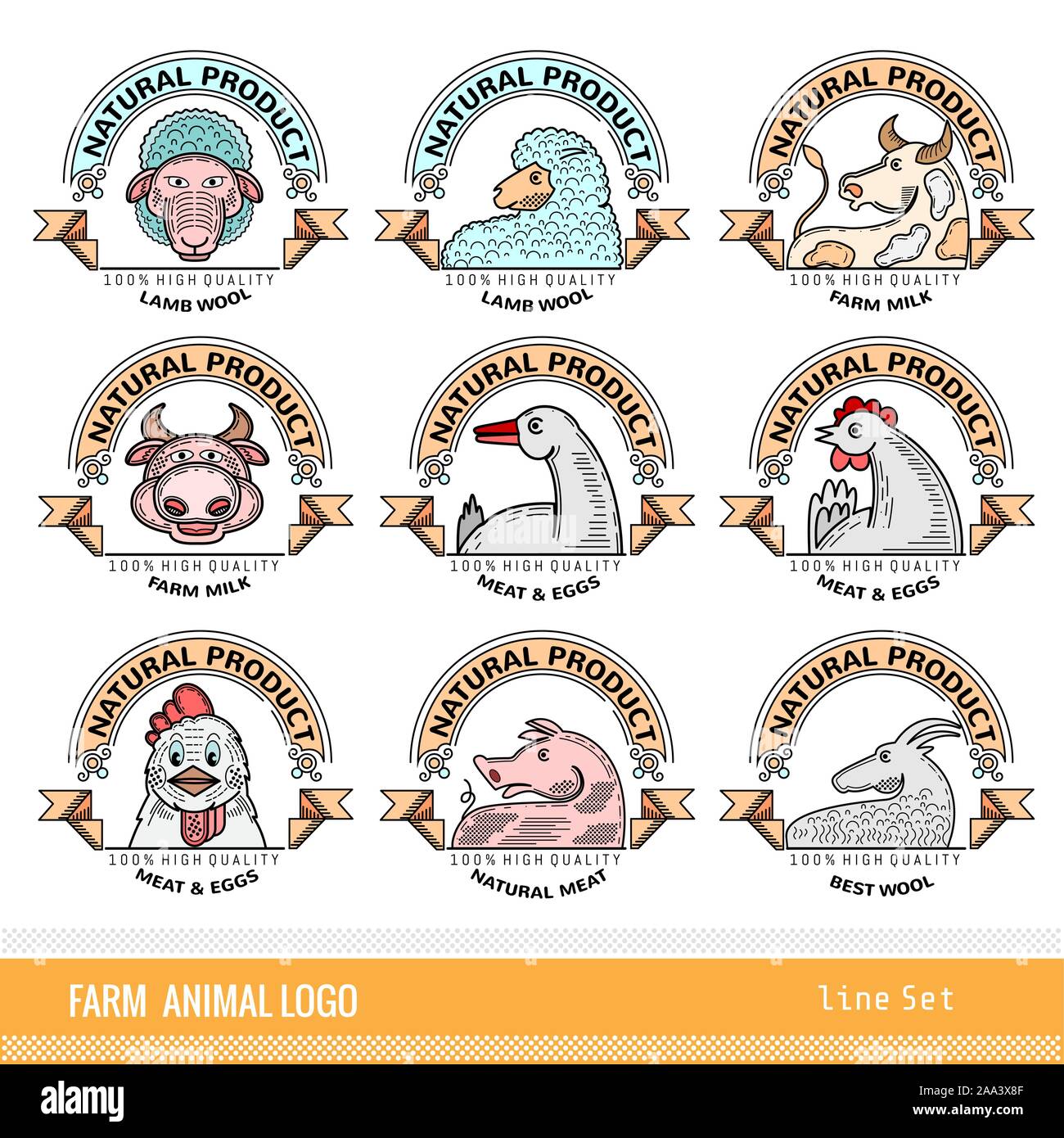 Set of line color logo and labels for different animal farm products ...