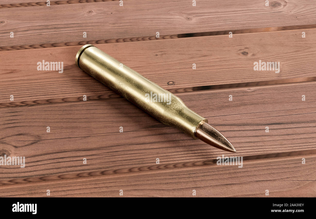 Golden bronze Rifle bullet on wooden table 3d render illustration Stock ...