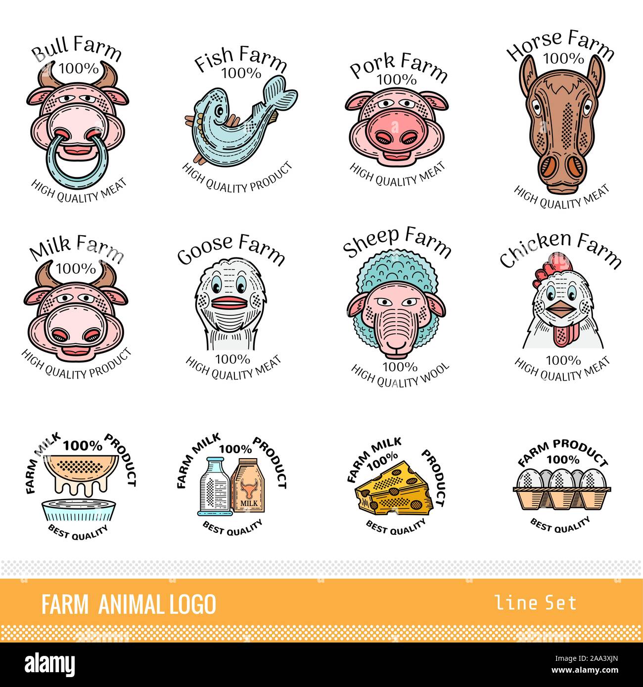 Set of line color logo and labels for different animal farm and ...