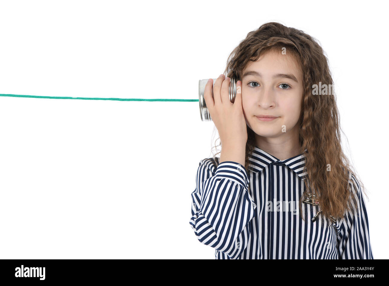 Young girl call by tin can phone isolated on white. High resolution ...