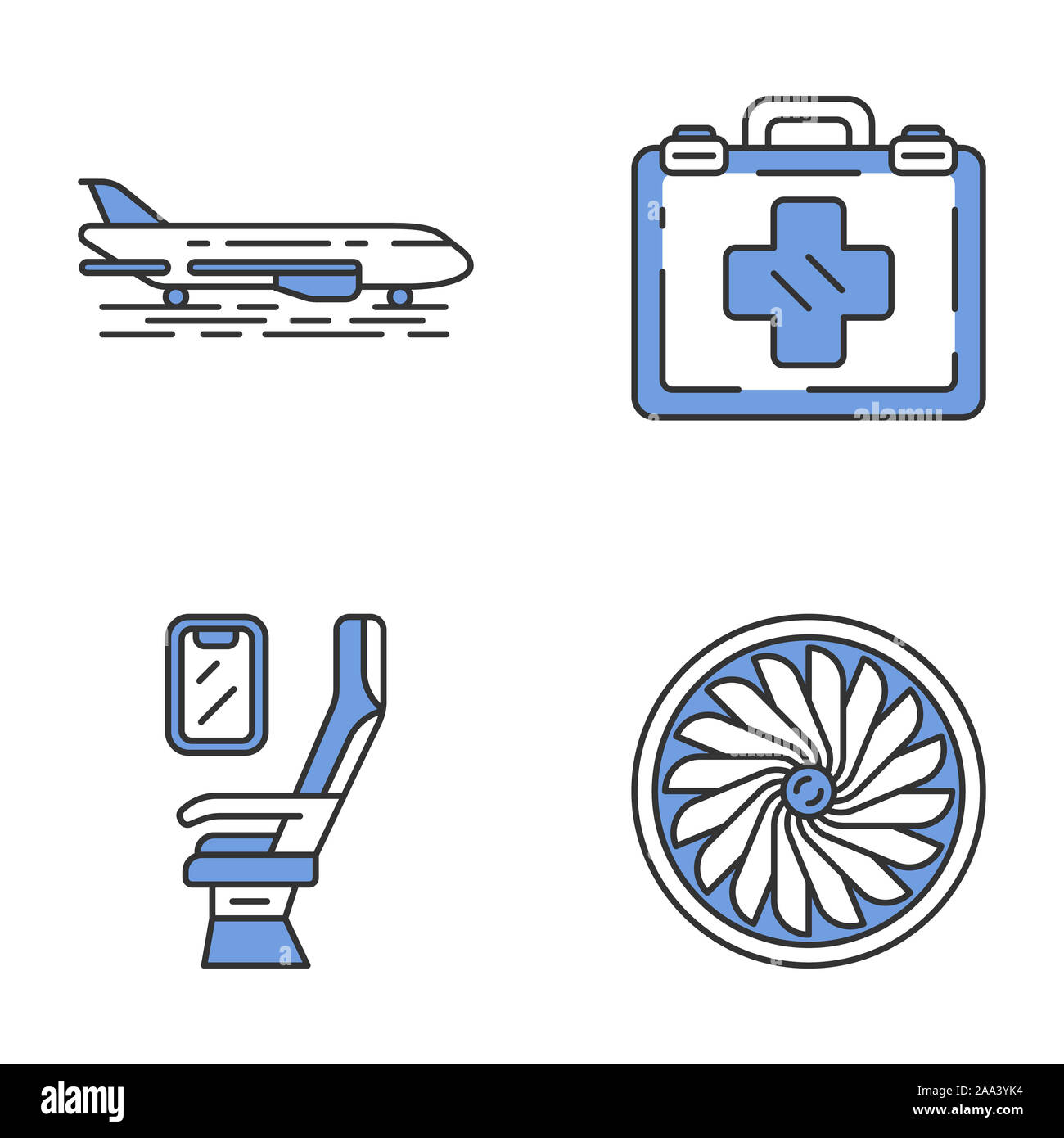 Aviation services color icons set. Plane on ground. Airplane ...