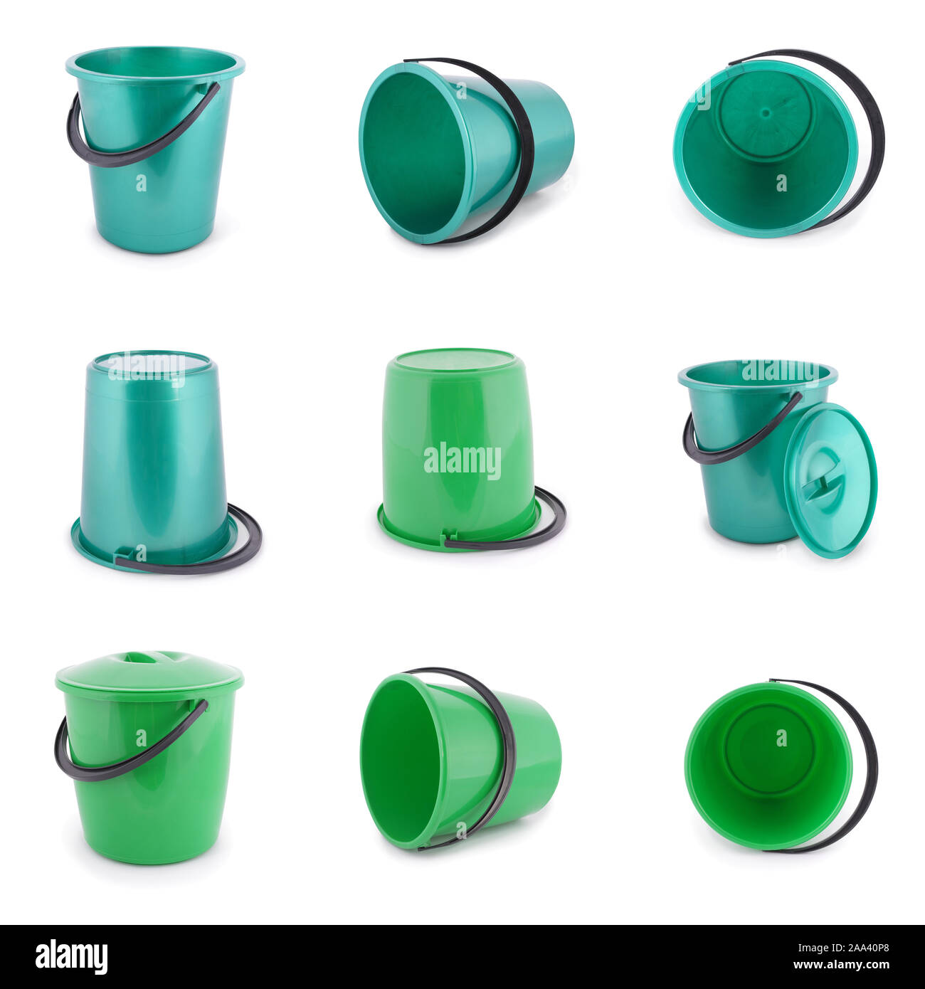 Nine green plastic bucket isolated on a white Stock Photo - Alamy